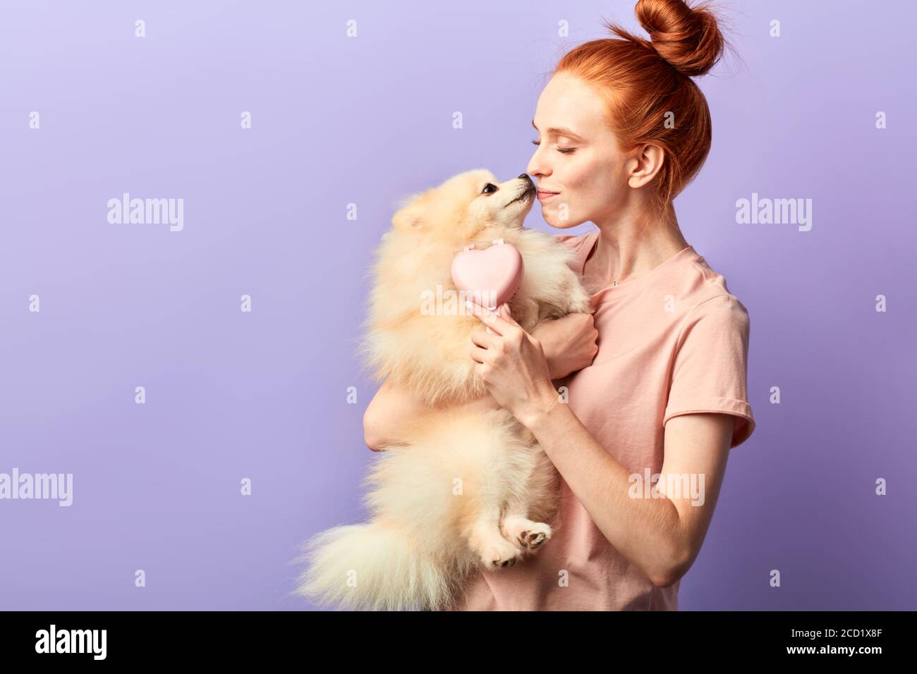 funny adorable dog kissing owner while she is holding it. close up ...