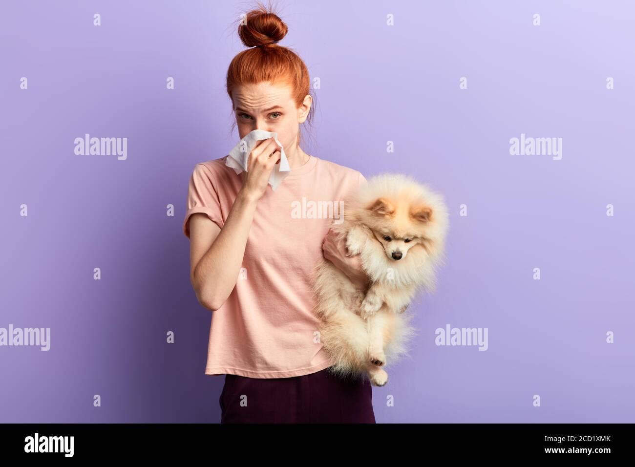 beautiful pet owner has problems with health, isolated blue background ...
