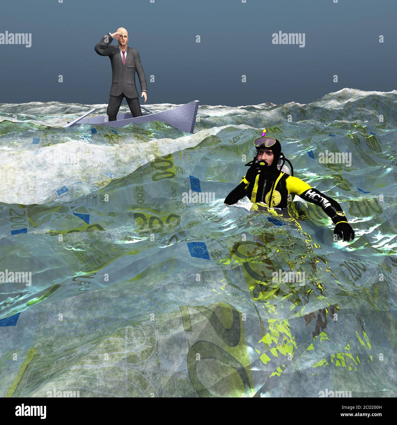 Man in tiny bvoat and diver in Euro Currency sea Stock Photo - Alamy