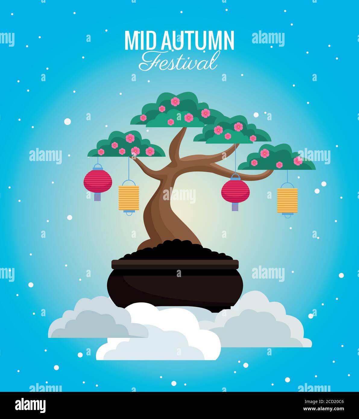 mid autumn celebration card with cute bonsai in cloud scene vector ...