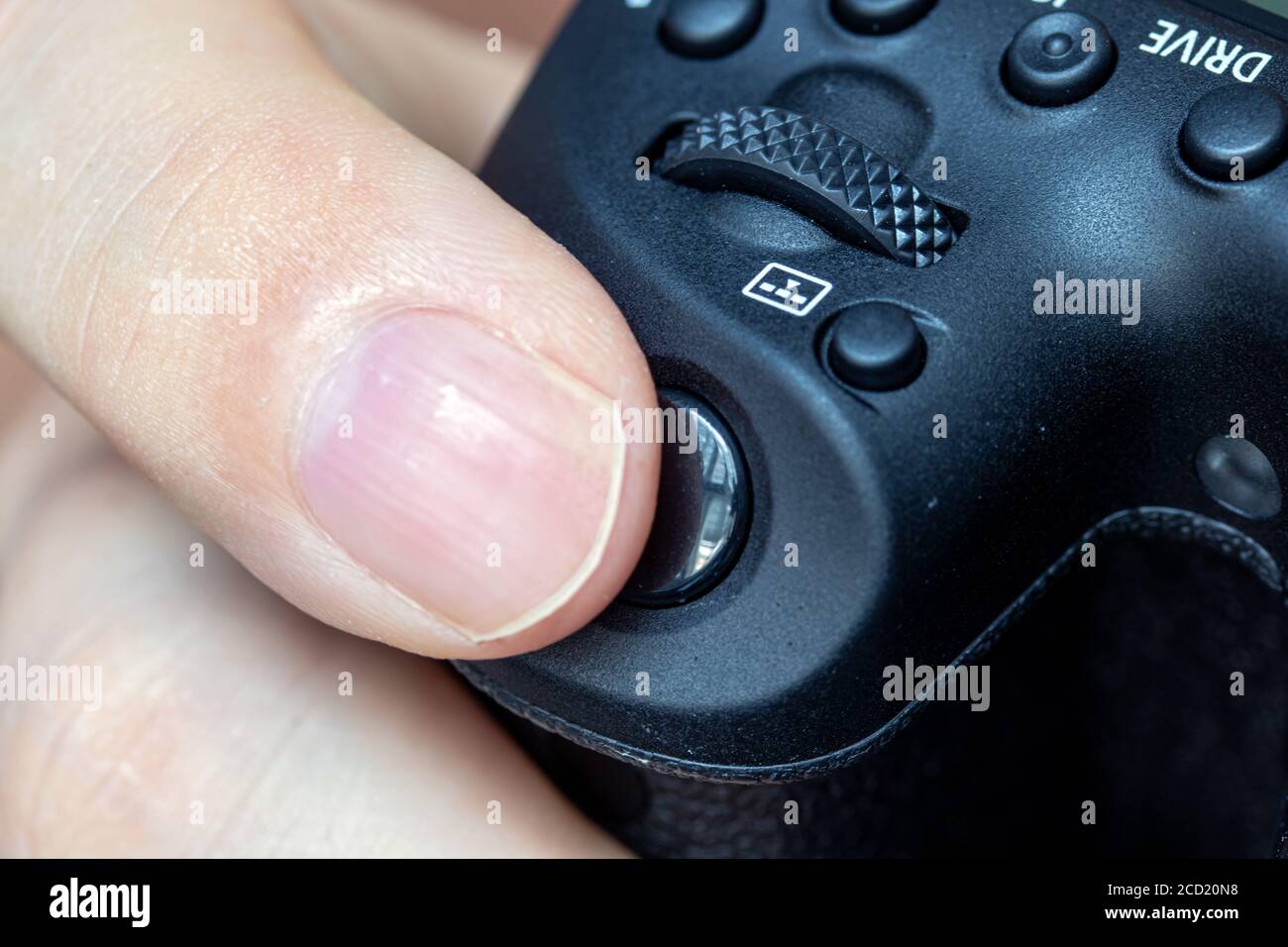 A pressing the shot button of a digital photo camera, close up. A take ...