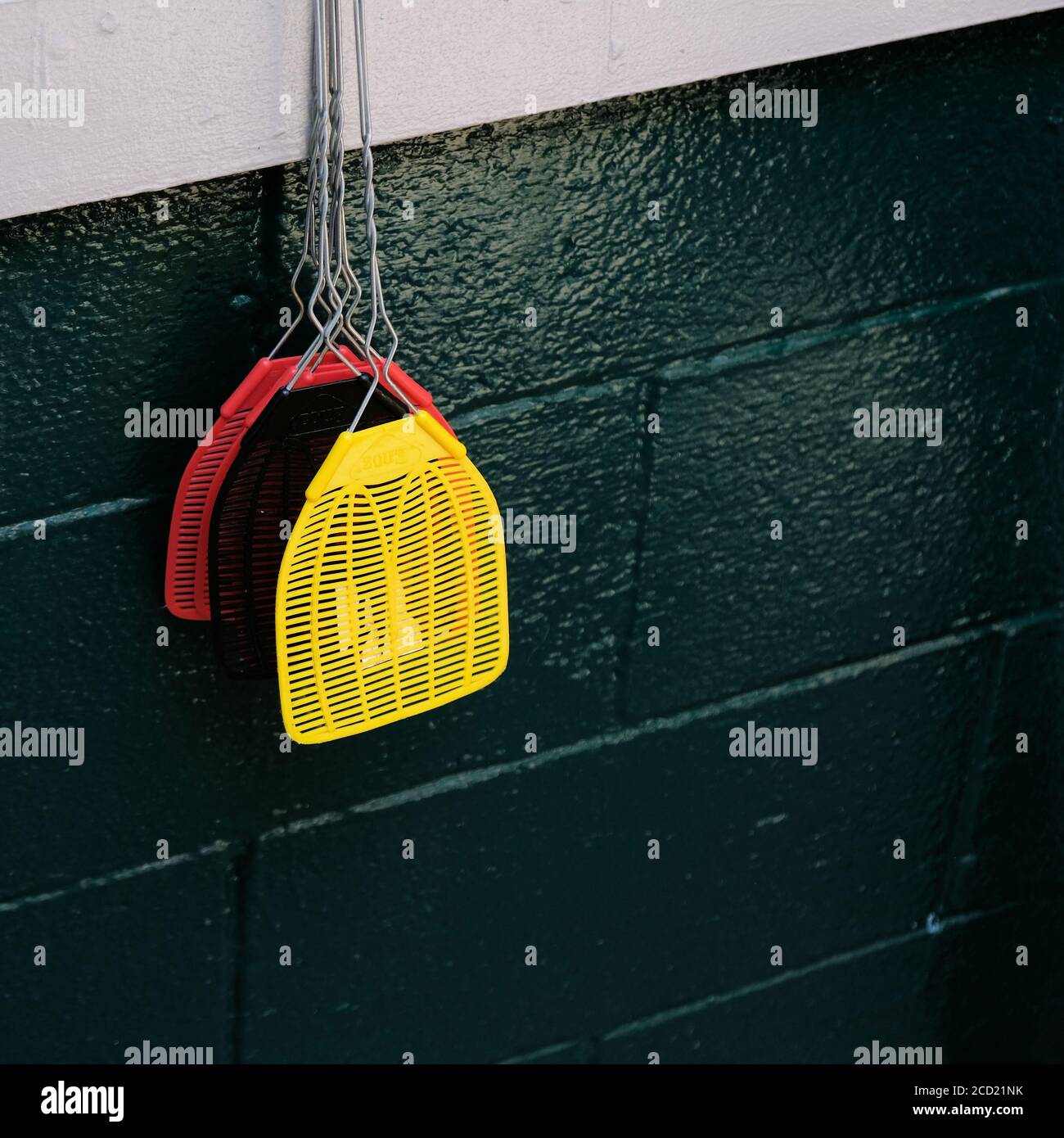 Plastic mesh fly swatters with lightweight wire handle hanging on a ...