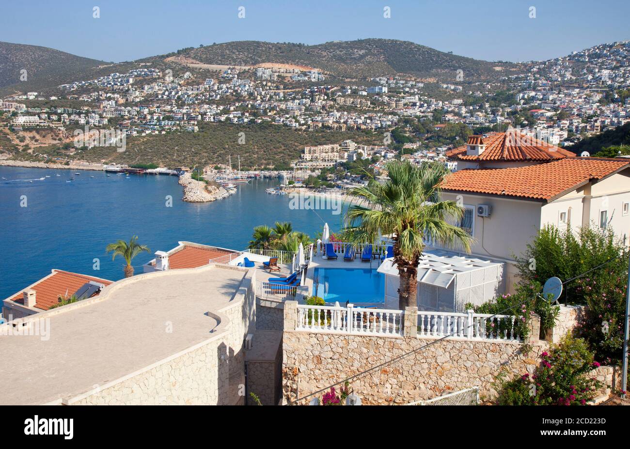 Kalkan in Turkey viewed from the Komurluk side of the town. Kalkan is a ...