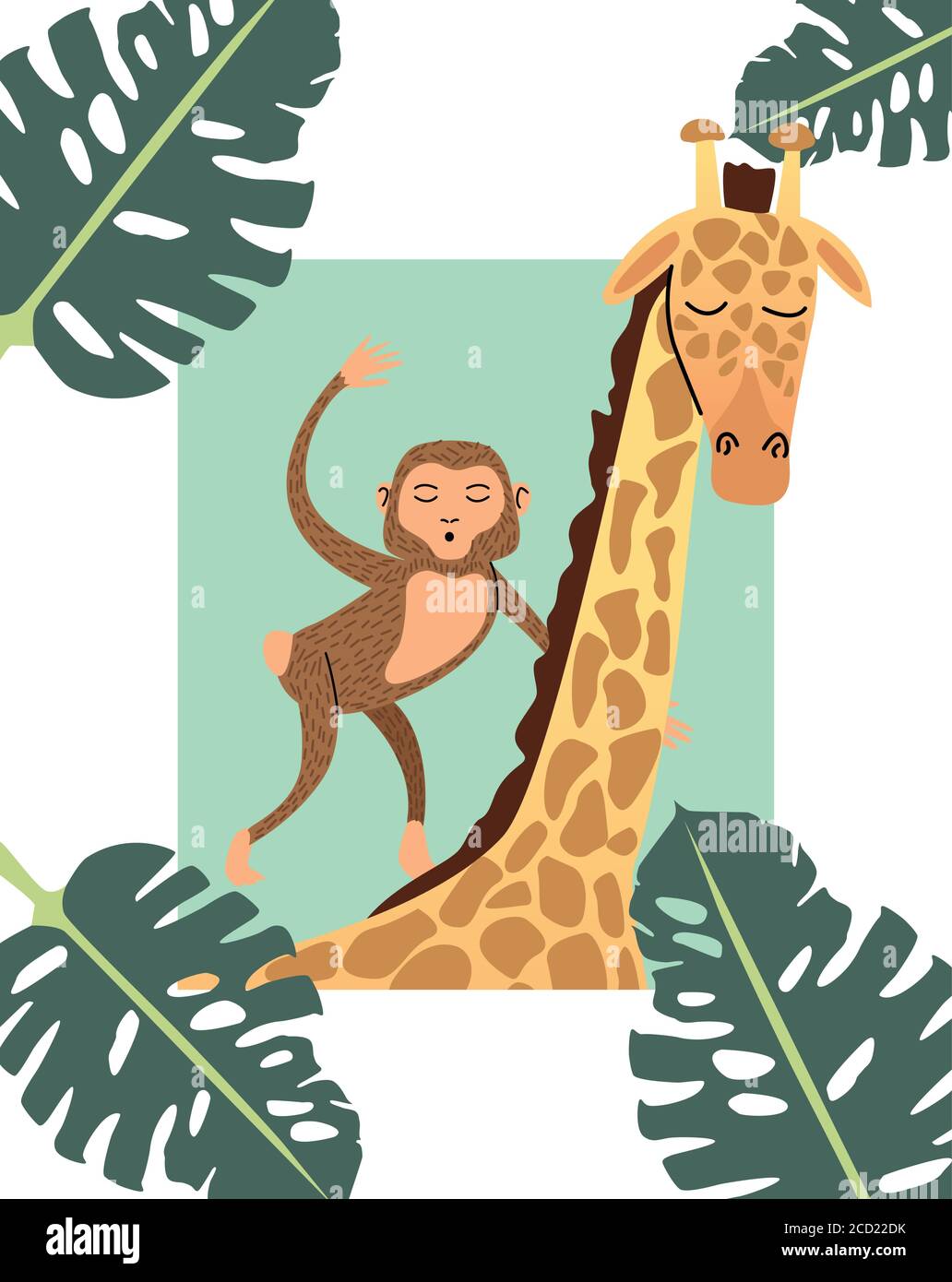 monkey and giraffe animal wild with leafs vector illustration design ...