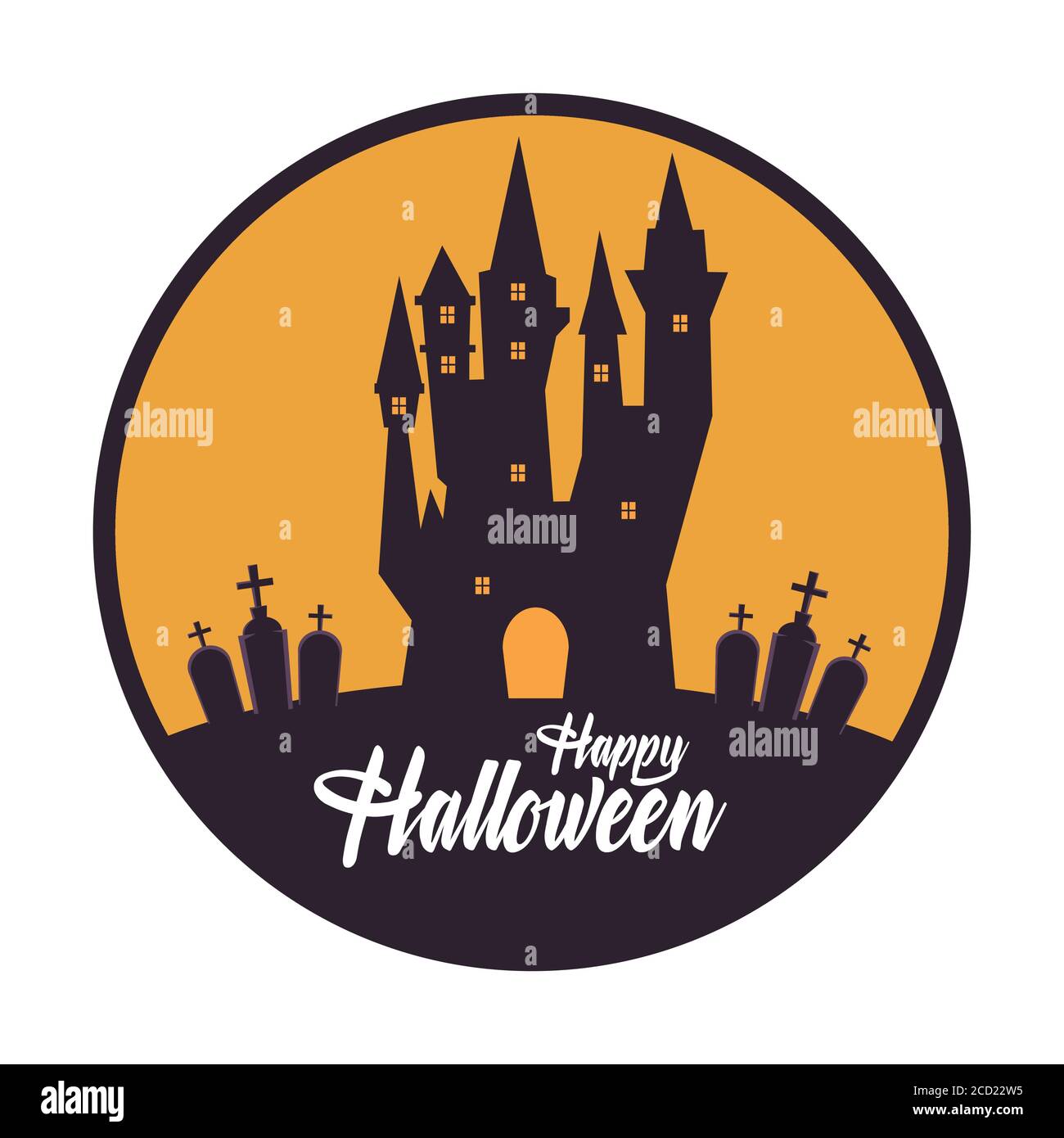 happy halloween card with haunted castle in circular frame vector ...