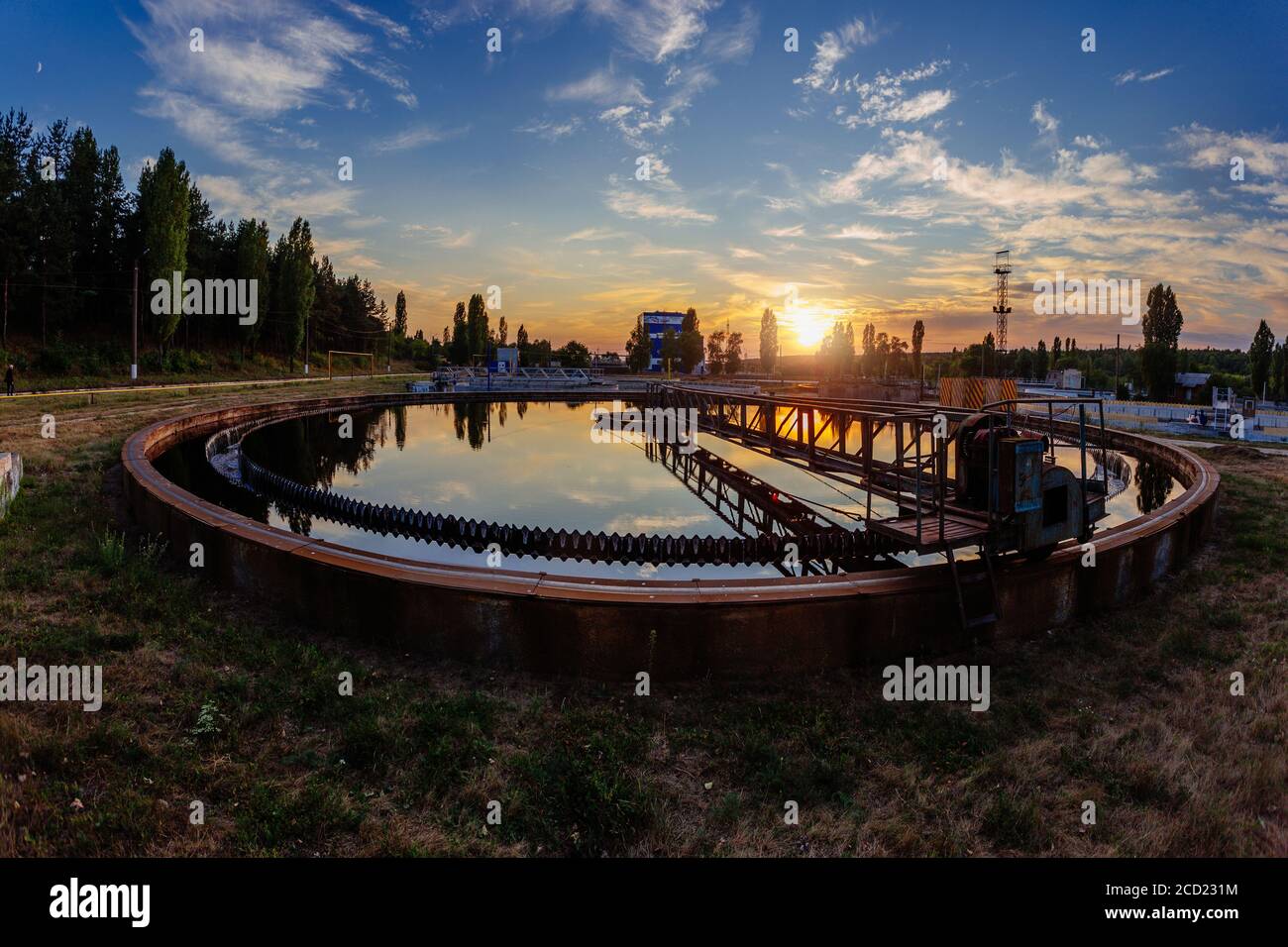 Modern sewage treatment plant. Round wastewater purification tanks at ...