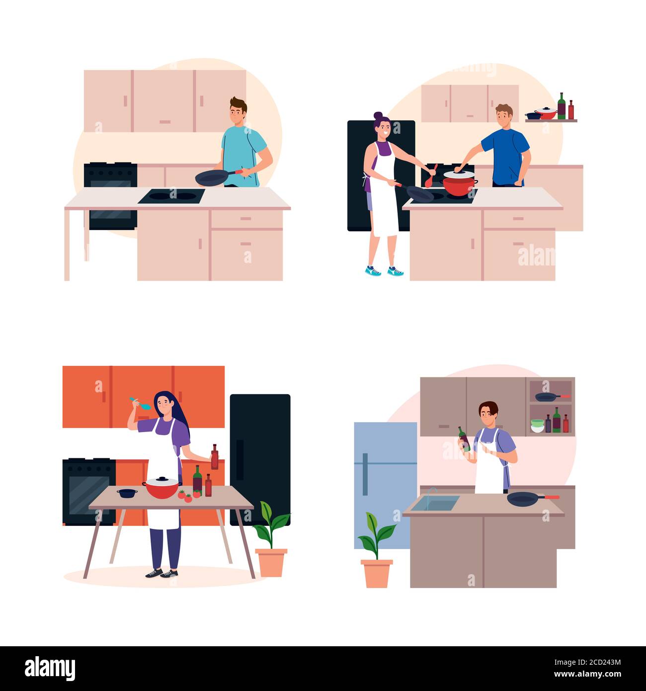 set scenes of young people cooking on kitchen scenes Stock Vector Image ...