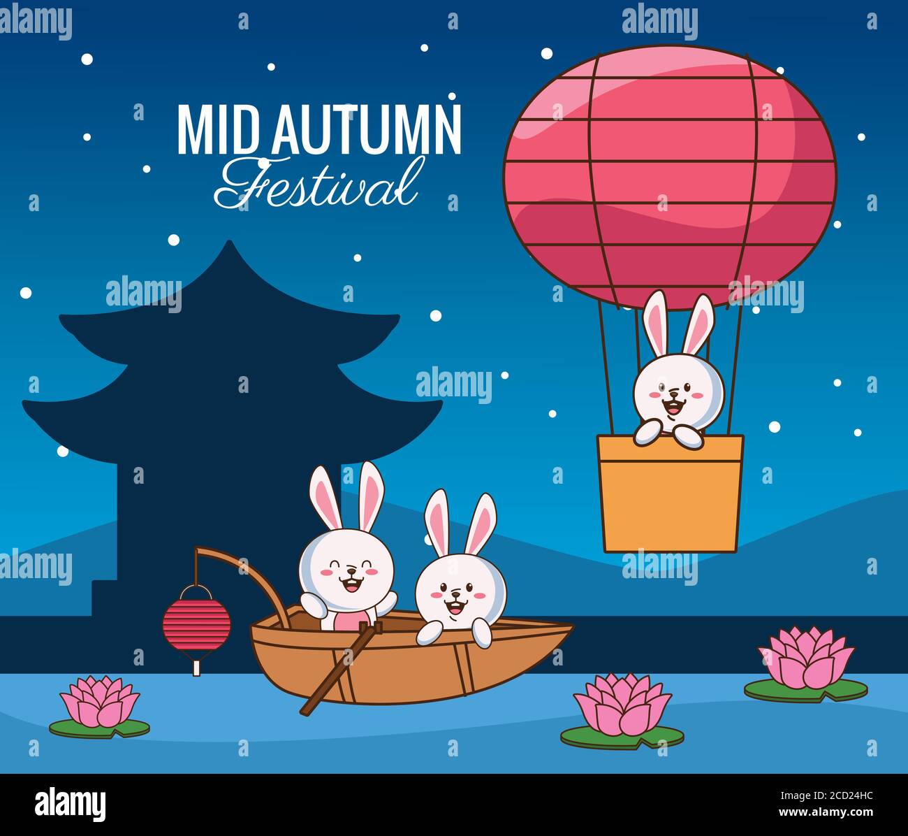 mid autumn celebration card with little rabbits in boat and balloon air ...