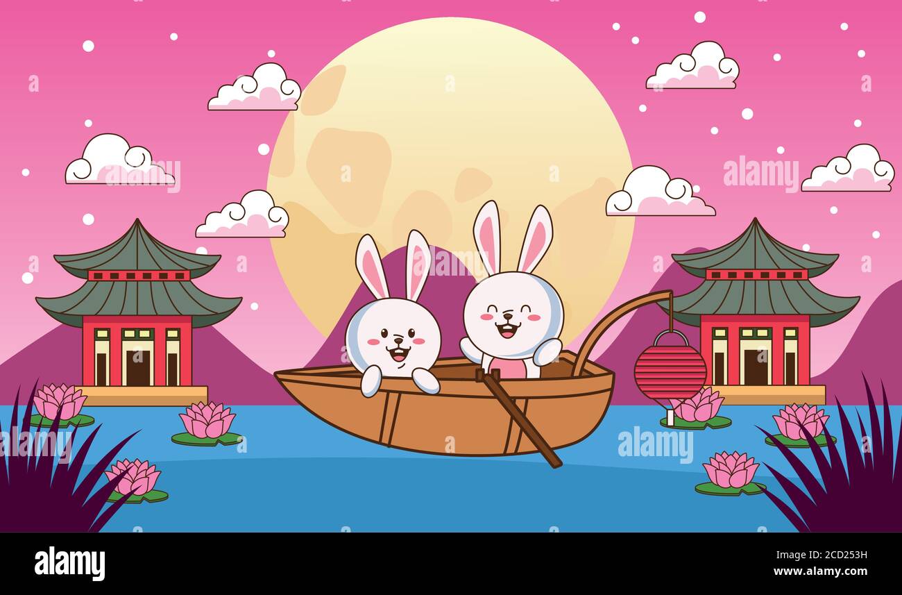 mid autumn celebration card with little rabbits couple in boat floating ...