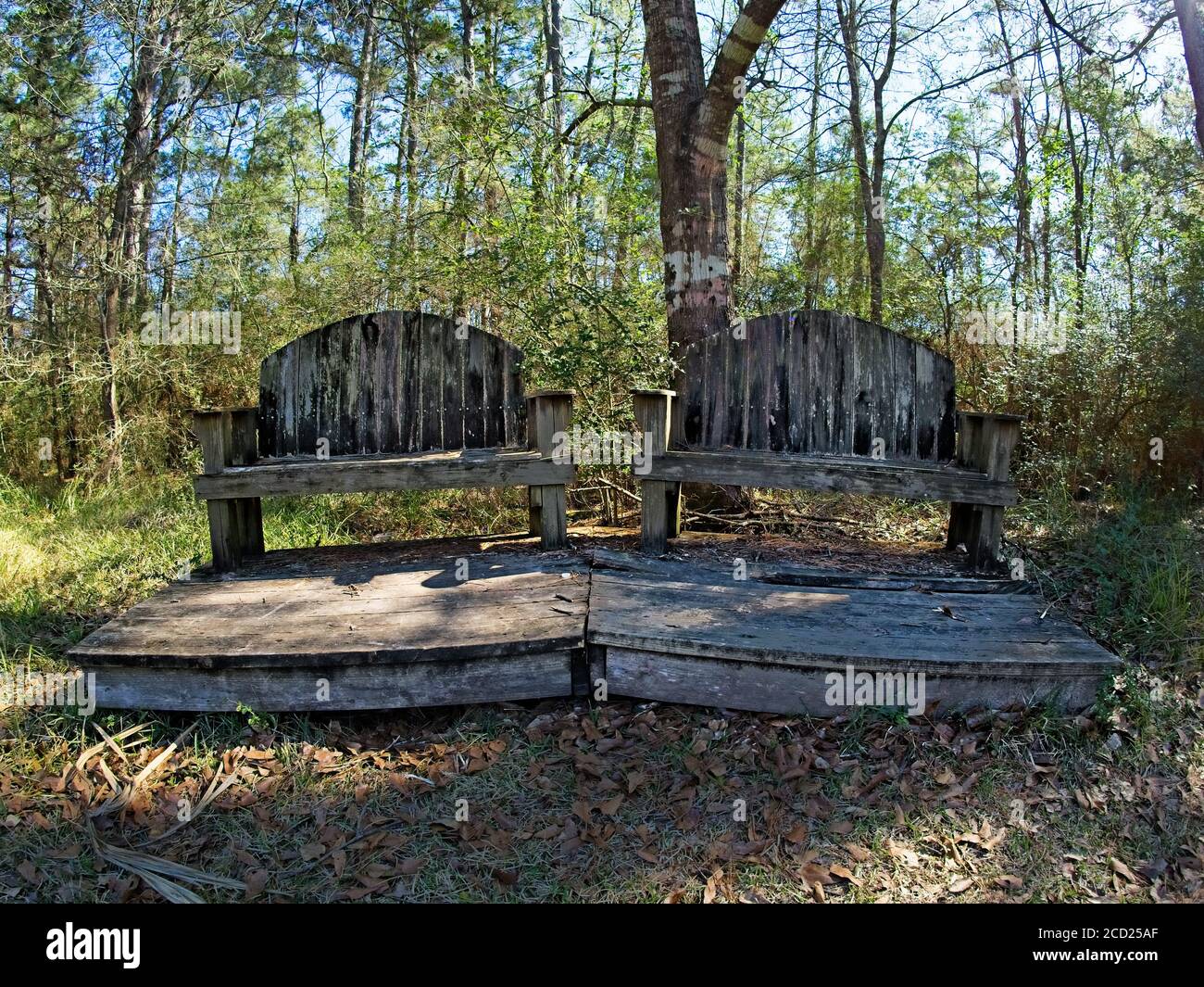 The Woodlands TX USA - 01-20-2020 - Two Old Wooden Benches Side by Side ...