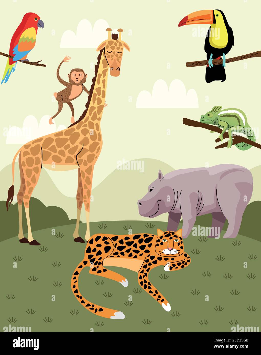 wild animals group in the field scene vector illustration design Stock ...