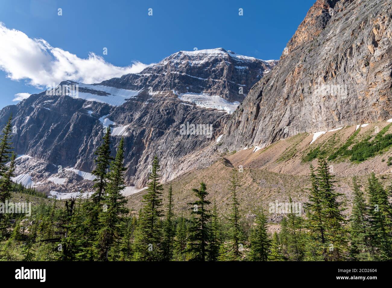 Angel Glacier hangs over a cliff below Mount Edith Cavell in Jasper ...