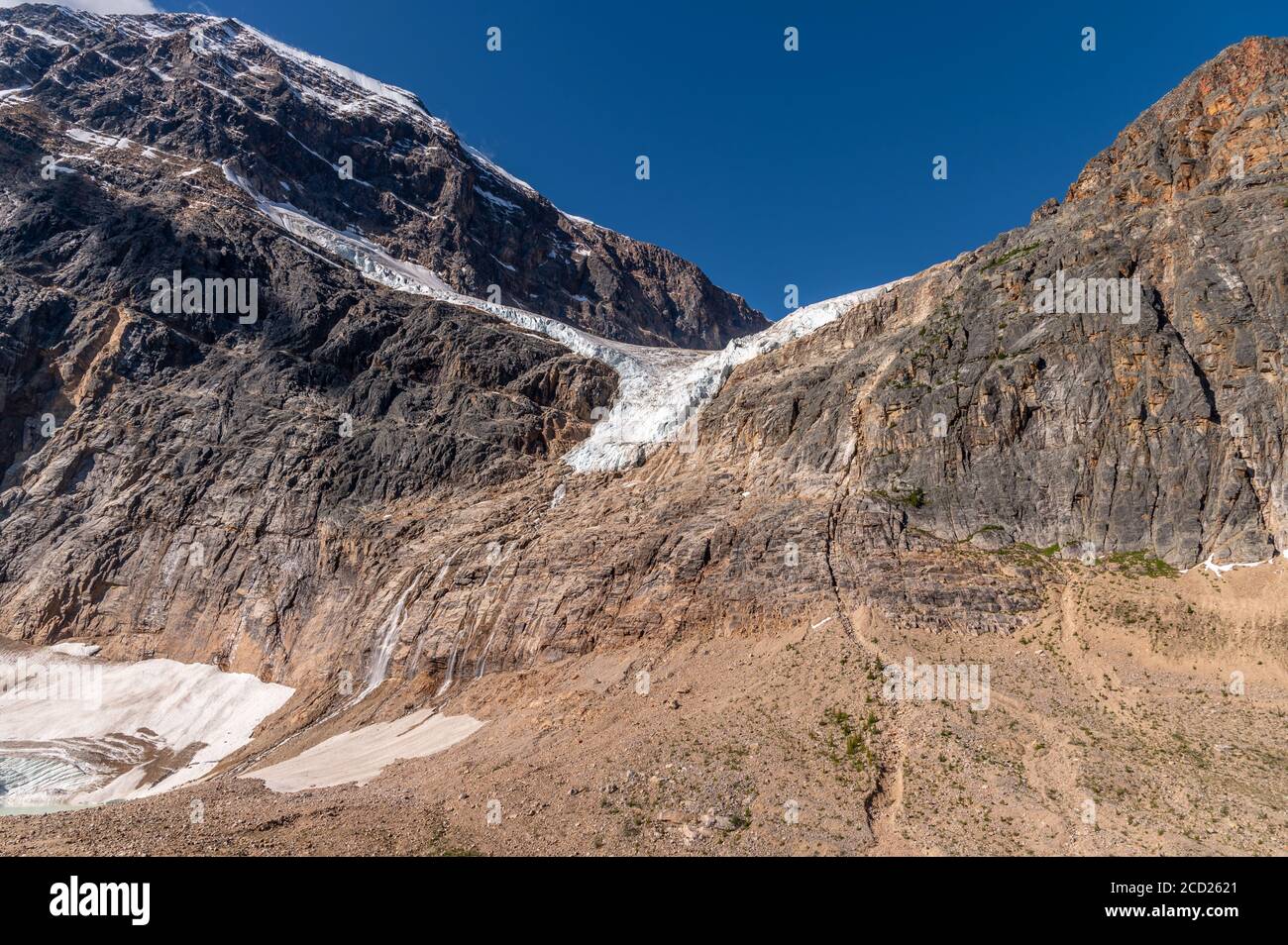 Angel Glacier hangs over a cliff below Mount Edith Cavell in Jasper ...