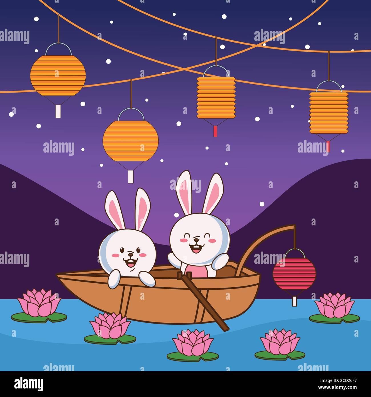 mid autumn celebration card with little rabbits couple in boat scene ...