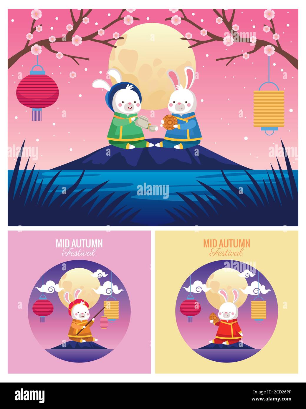 mid autumn cards with rabbits and moons scenes vector illustration ...