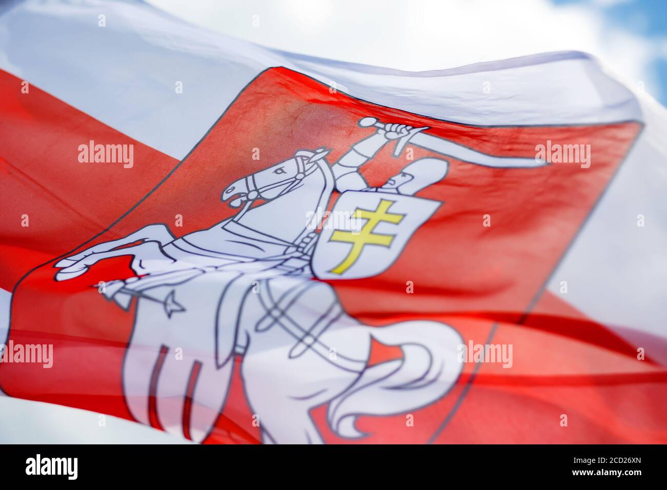 Minsk, Belarus - 23.08.20: Flag with historical Belarus emblem. Coat of ...