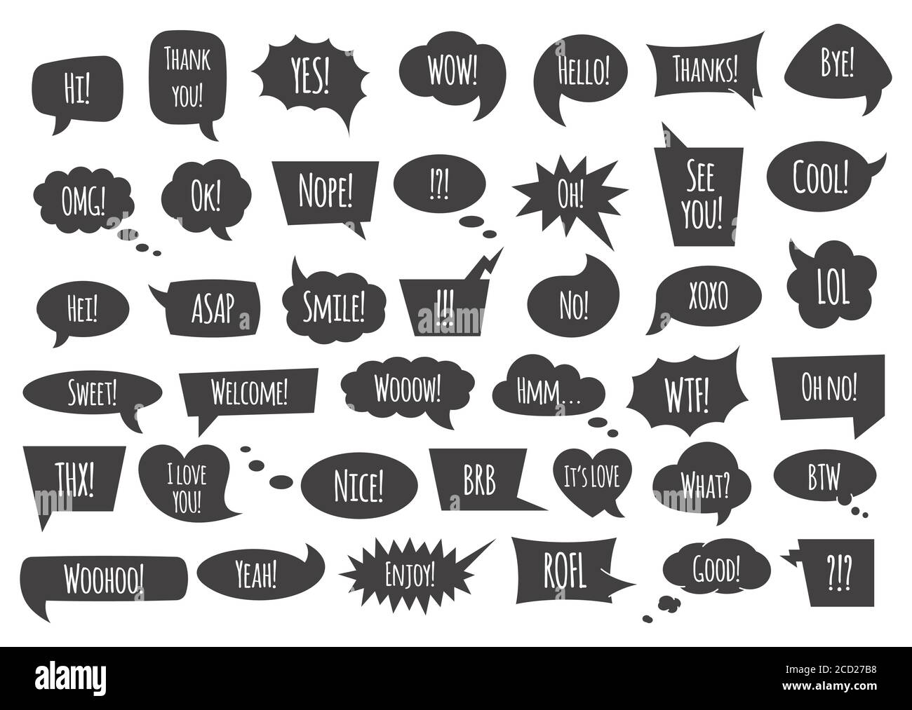 Speech bubble set with conversation phrases and words in isolated ...