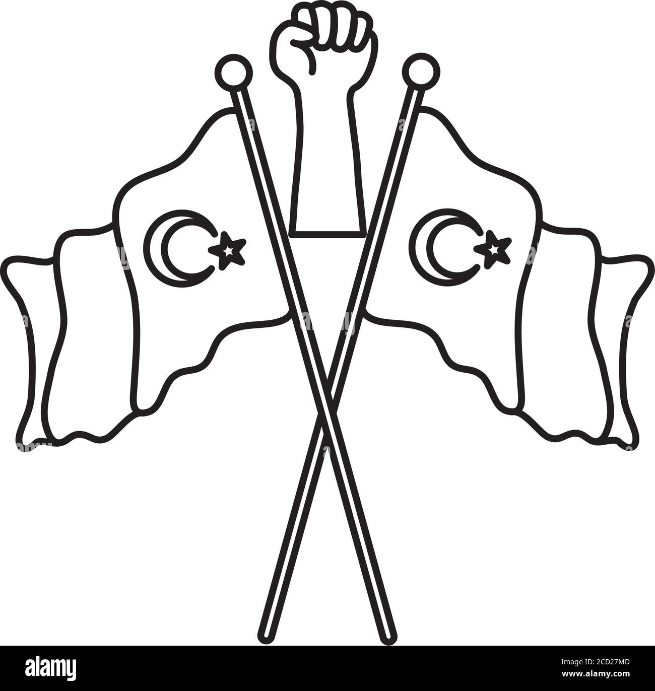hand with fist up and turkey flags crossed over white background, line ...