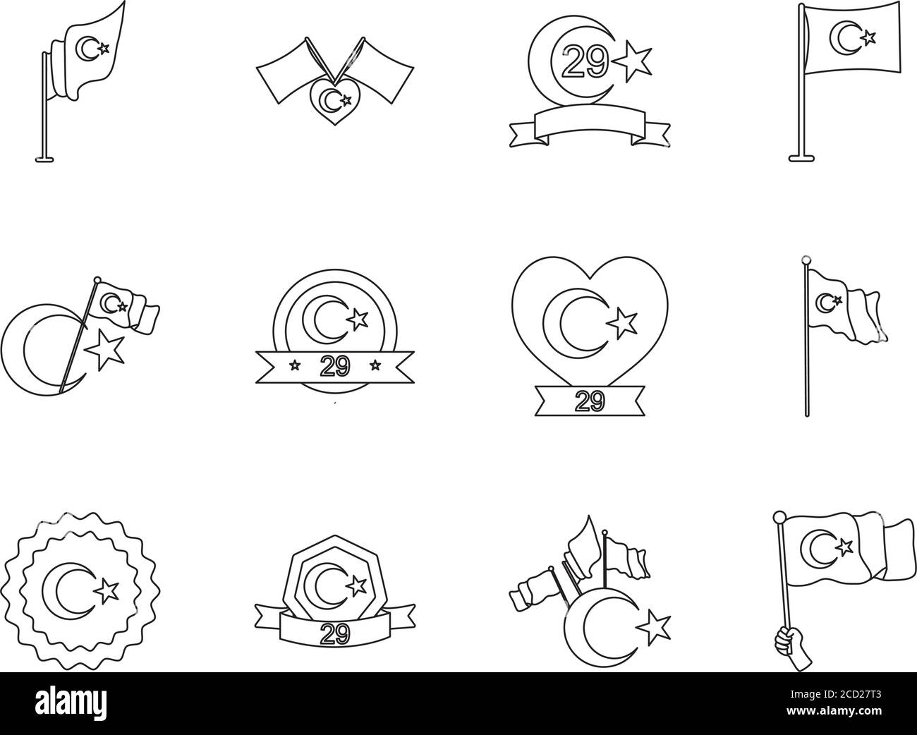 flags and turkey republic icon set over white background, line style ...