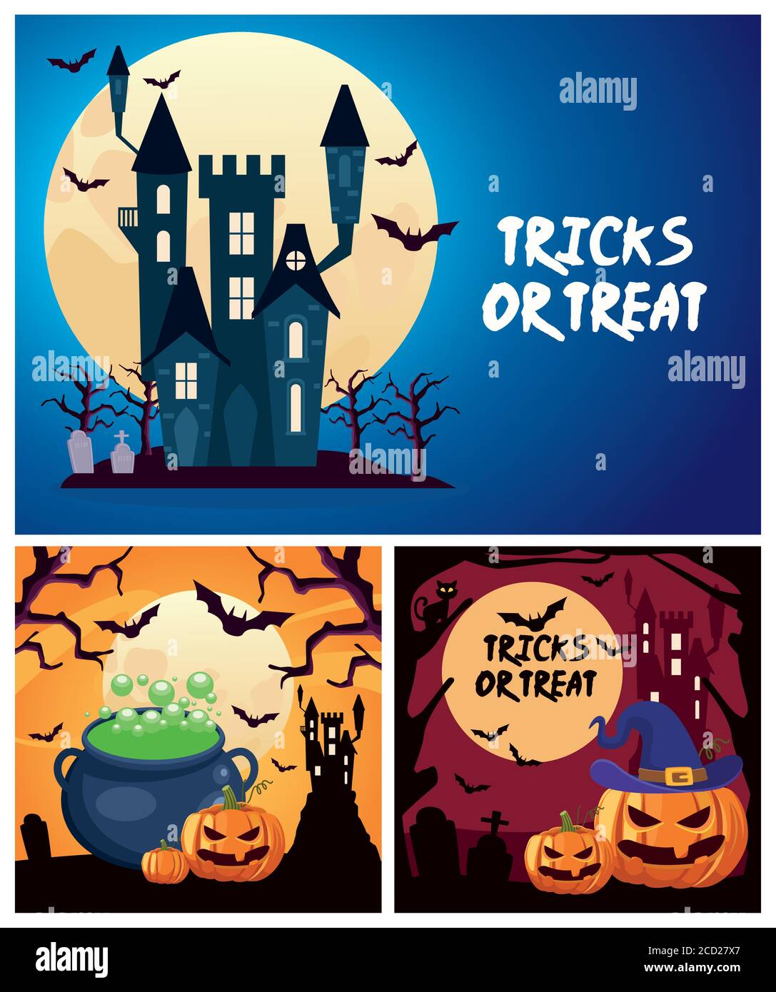 halloween tricks or treat lettering with cauldron and pumpkins in ...