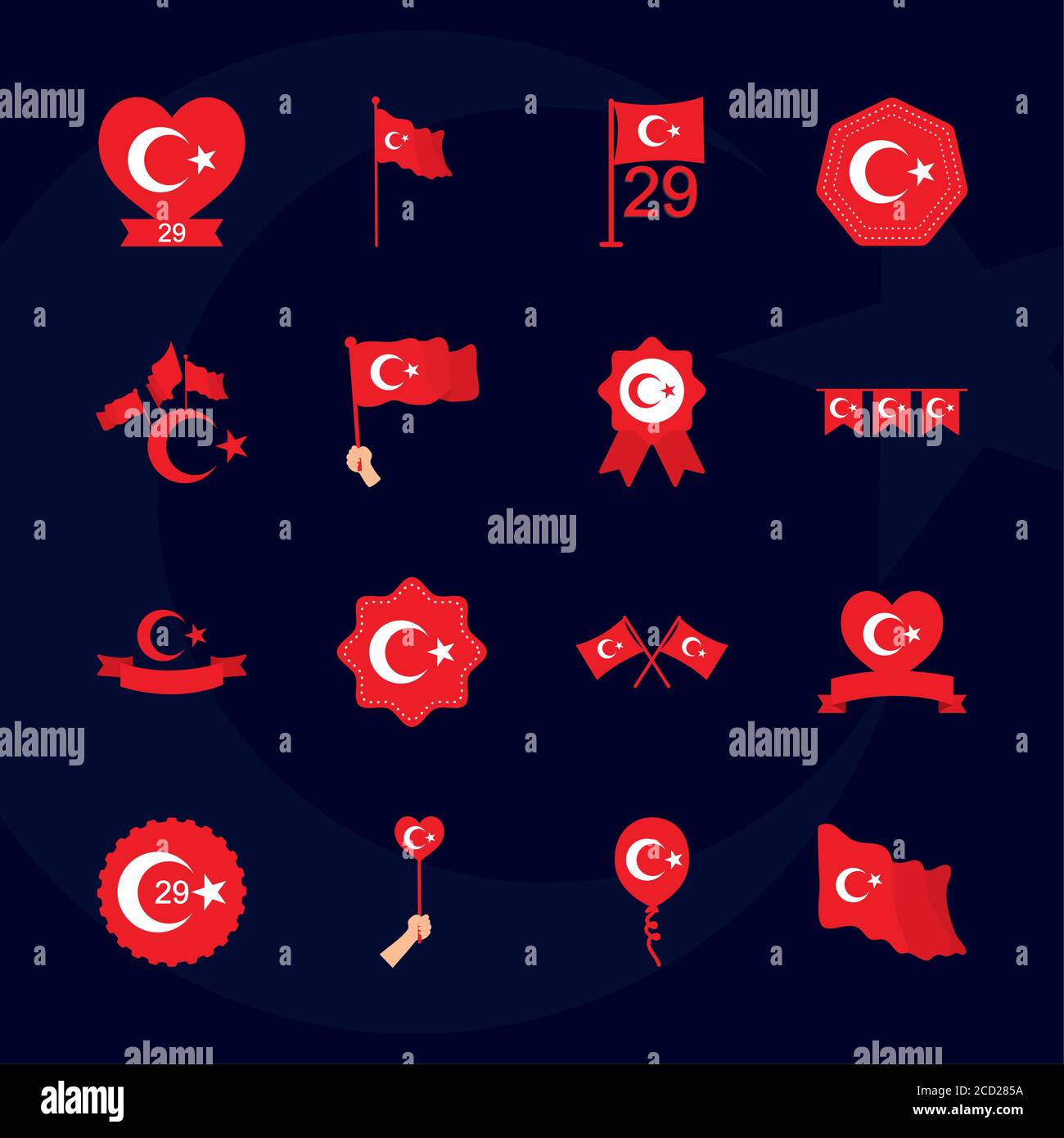 icon set of turkey republic and turkey flags over black background ...
