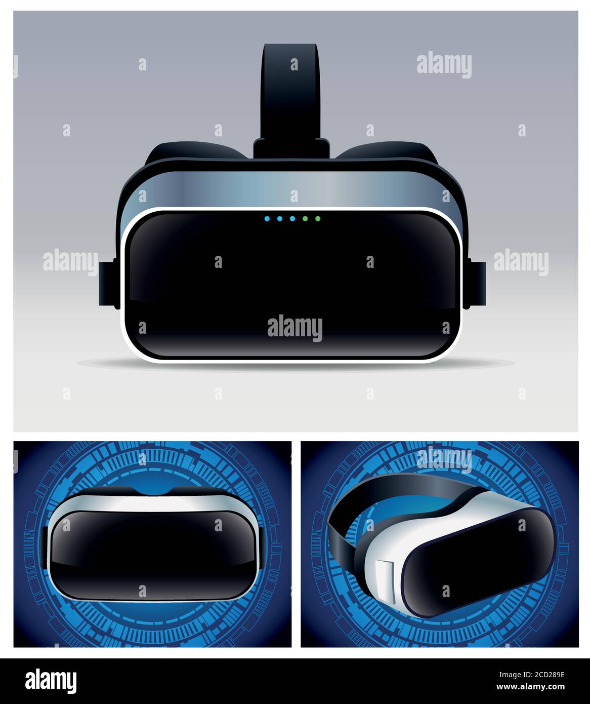 three virtual reality masks accessories with gray and blue backgrounds ...