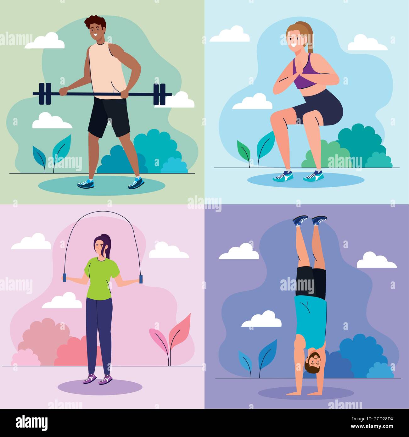 set scenes young people practicing exercises outdoor, sport recreation ...