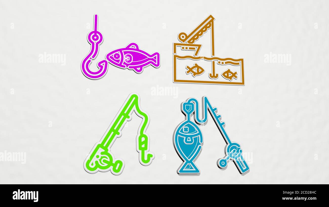 fishing colorful set of icons, 3D illustration Stock Photo - Alamy