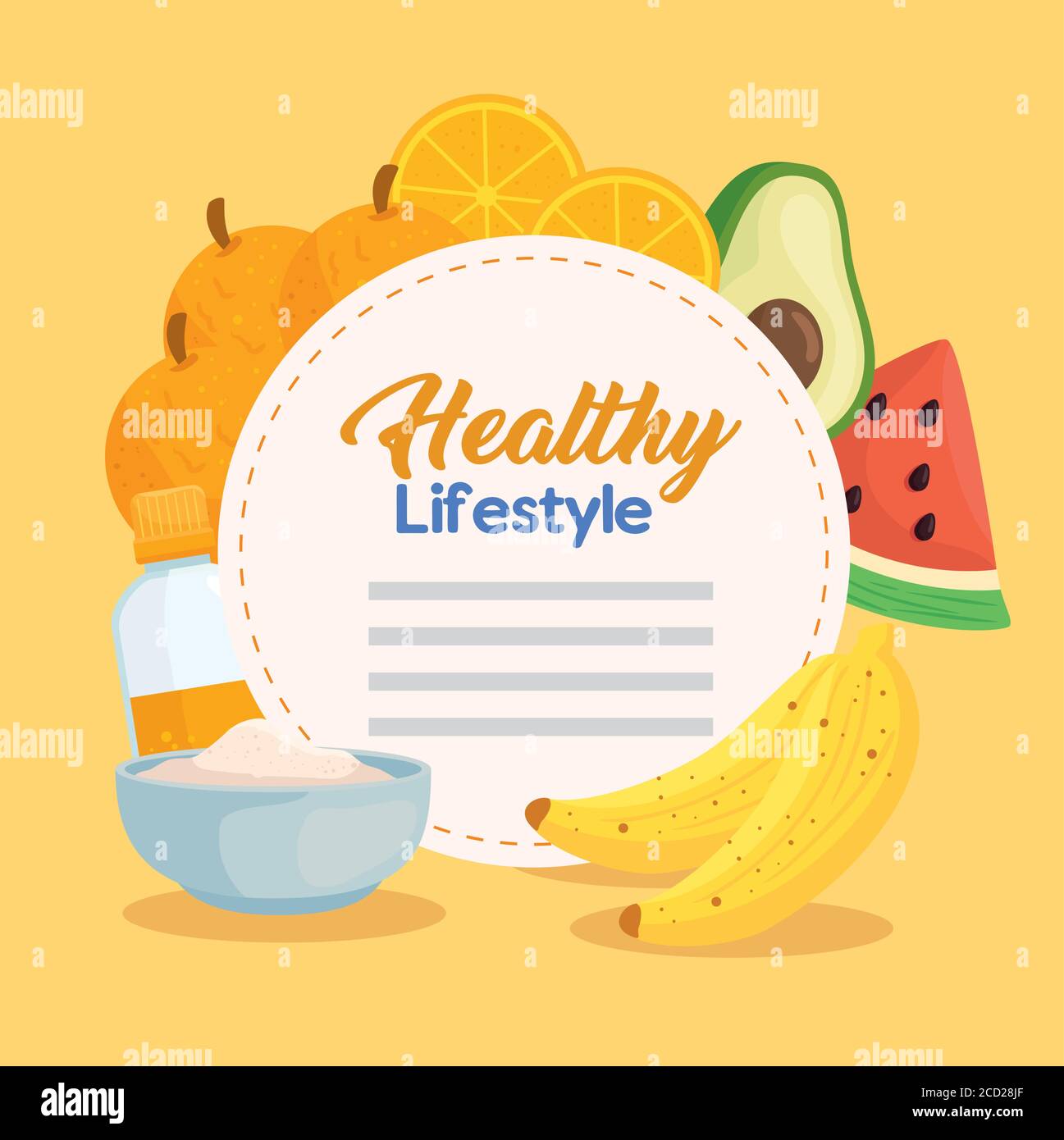 healthy lifestyle, round frame with fruits and avocado Stock Vector ...