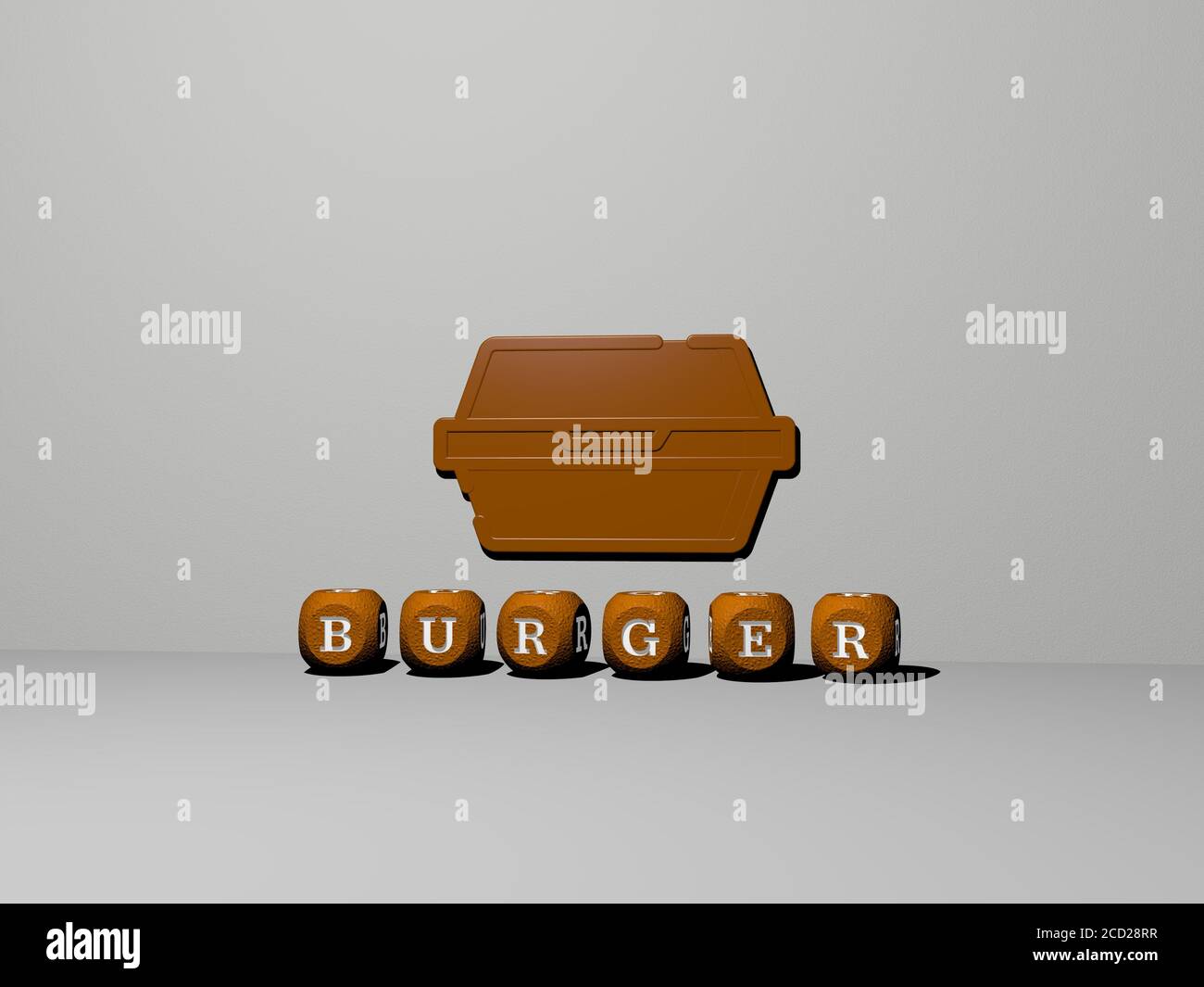 BURGER 3D icon on the wall and text of cubic alphabets on the floor, 3D ...
