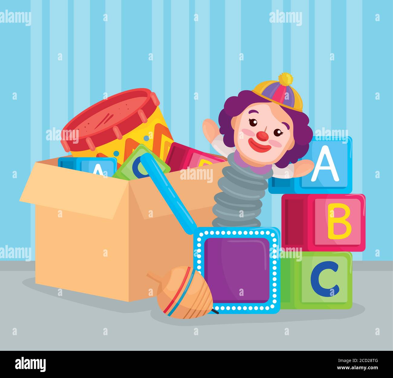 kids toys, cubes alphabet and toys in carton box Stock Vector Image ...