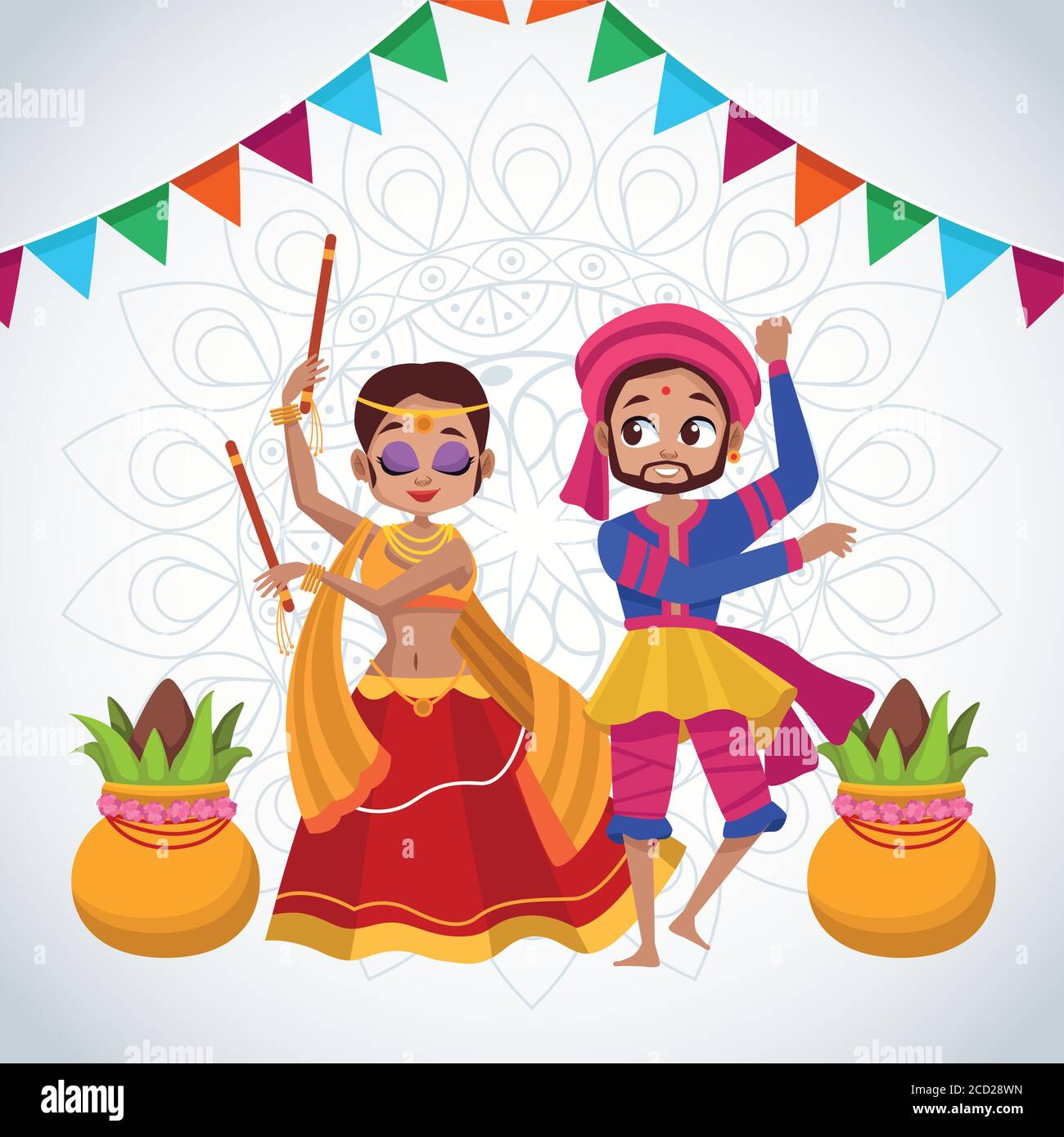 happy navratri celebration card with couple dancing and garlands vector ...