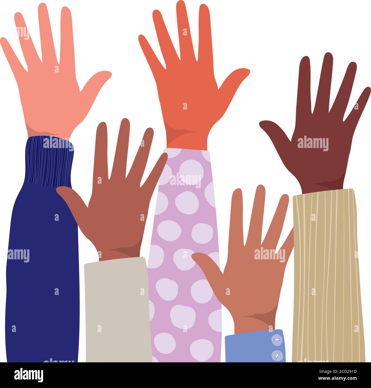 open hands up of different types of skins design, diversity people ...