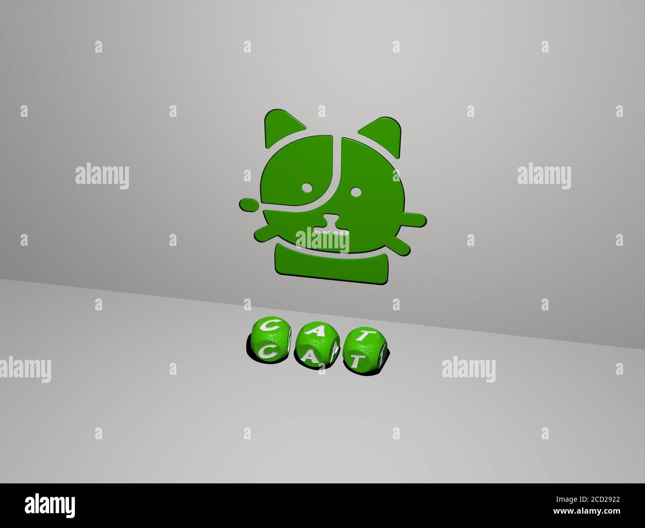 cat 3D icon on the wall and text of cubic alphabets on the floor, 3D ...
