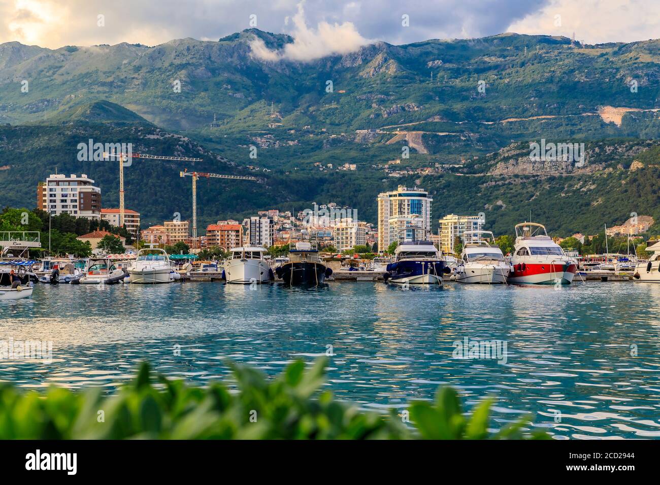 Budva, Montenegro - June 1, 2019: Anchored boats in the port and marina ...