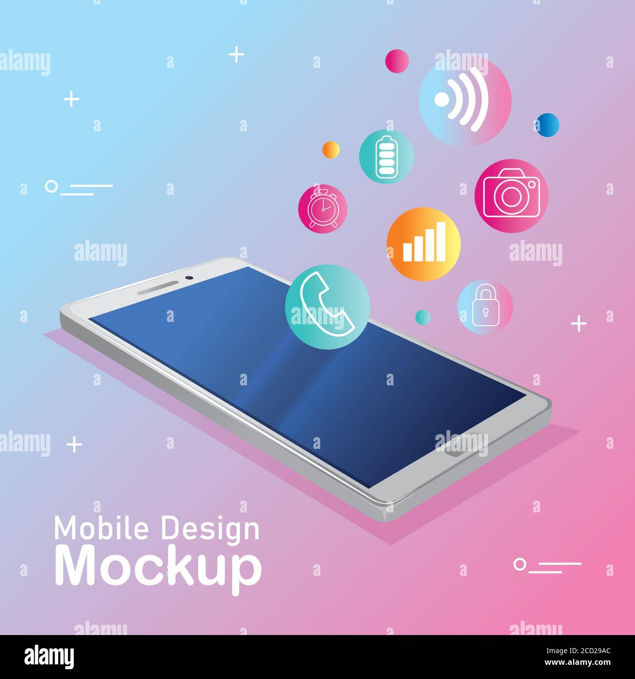 poster mobile design mockup, realistic smartphone with icons Stock ...