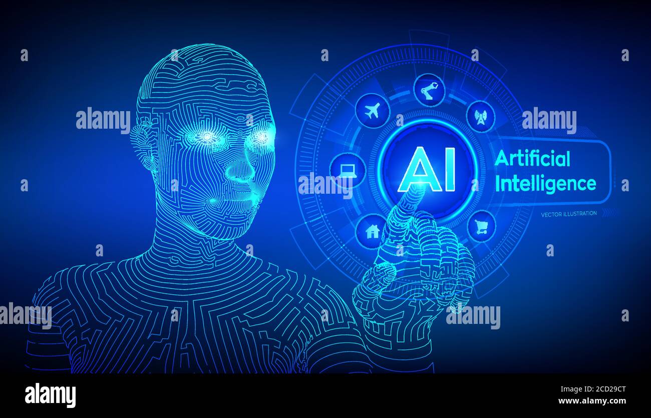 AI. Artificial intelligence. Machine learning. Wireframed female cyborg ...