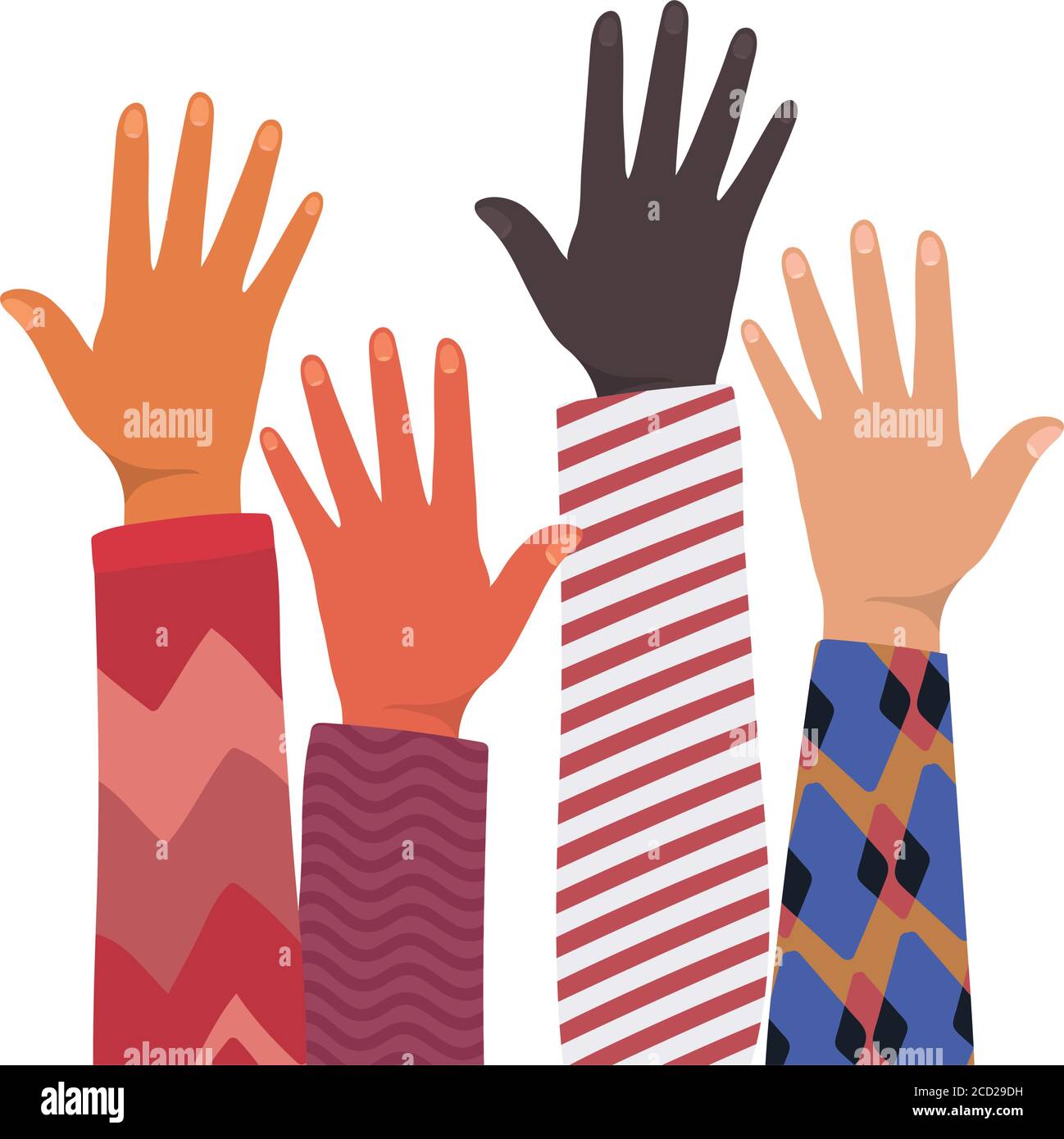 open hands up of different types of skins design, diversity people ...