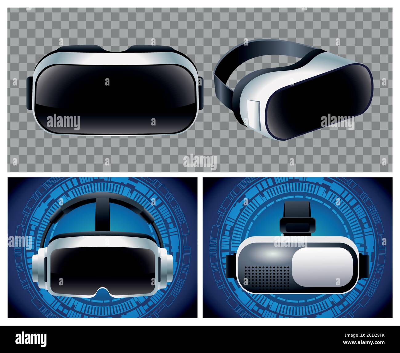 four virtual reality masks accessories with checkered and blue ...