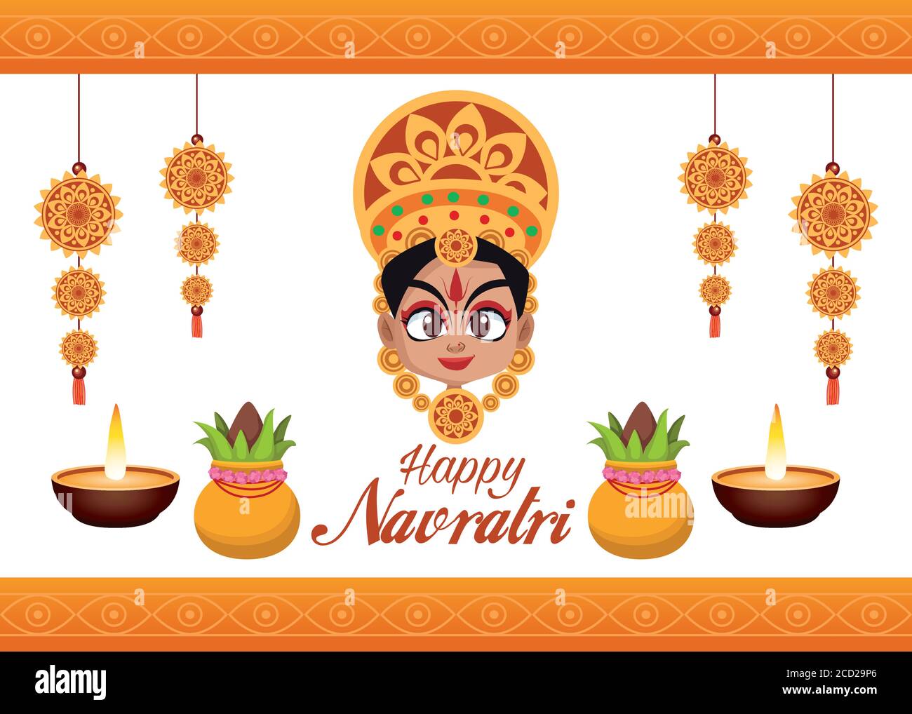 happy navratri celebration card lettering with goddess and candles ...