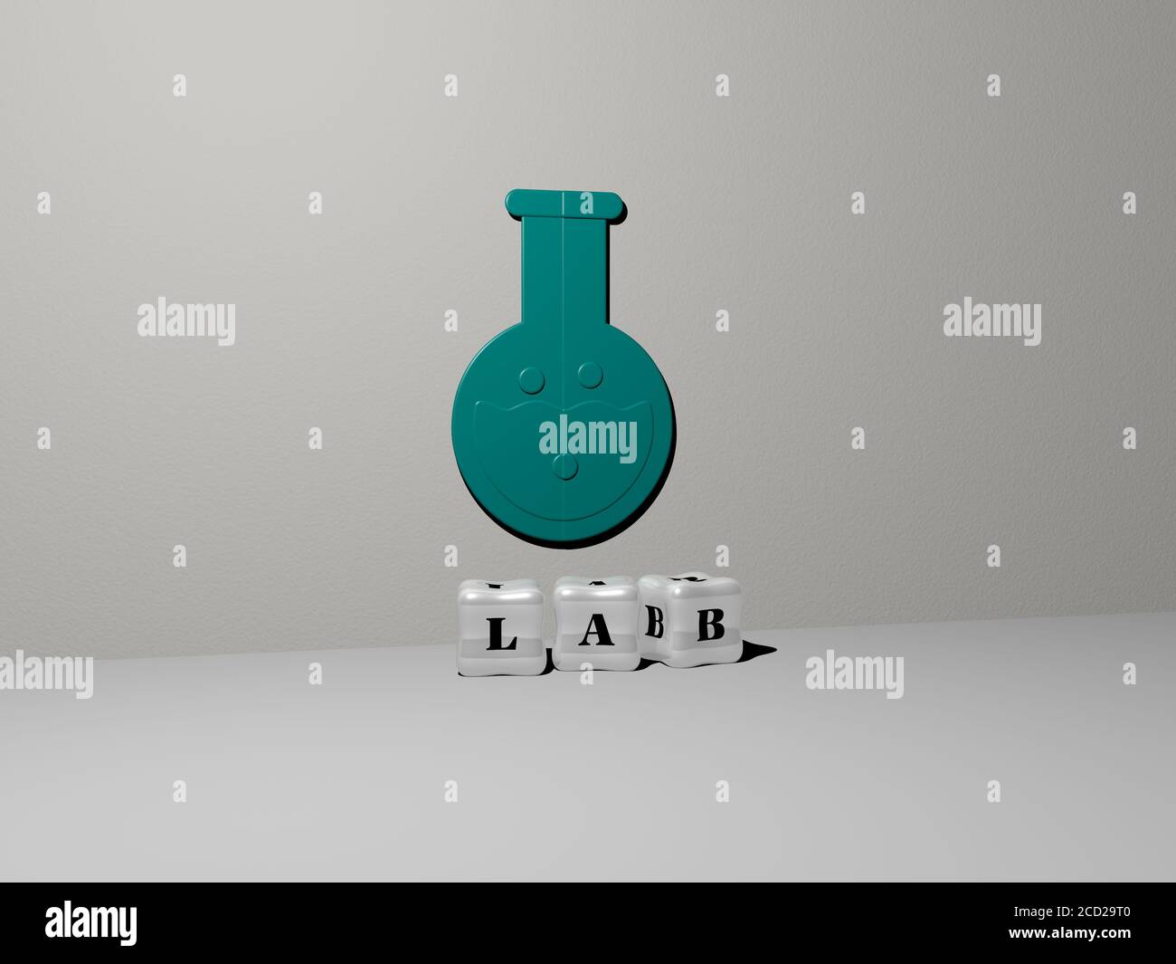 LAB 3D icon on the wall and cubic letters on the floor, 3D illustration ...