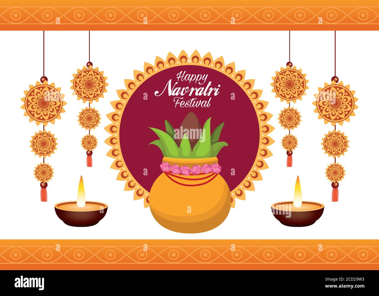 happy navratri celebration card lettering with plant and candles vector ...