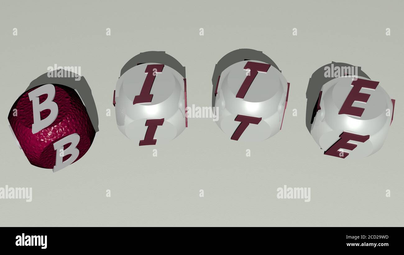 bite curved text of cubic dice letters, 3D illustration Stock Photo - Alamy