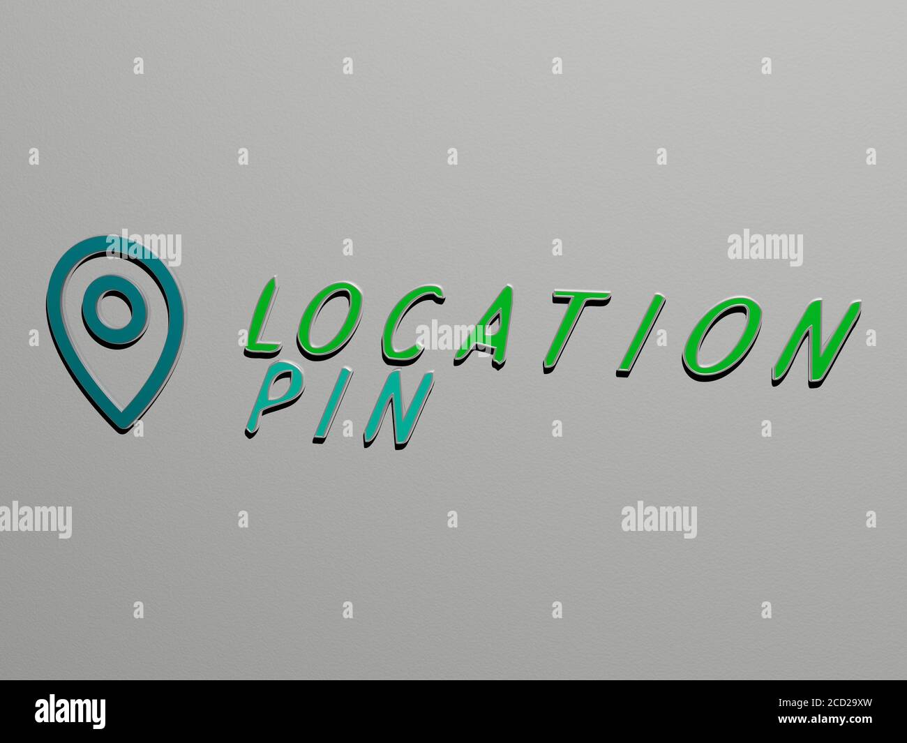 3D illustration of location pin graphics and text made by metallic dice ...