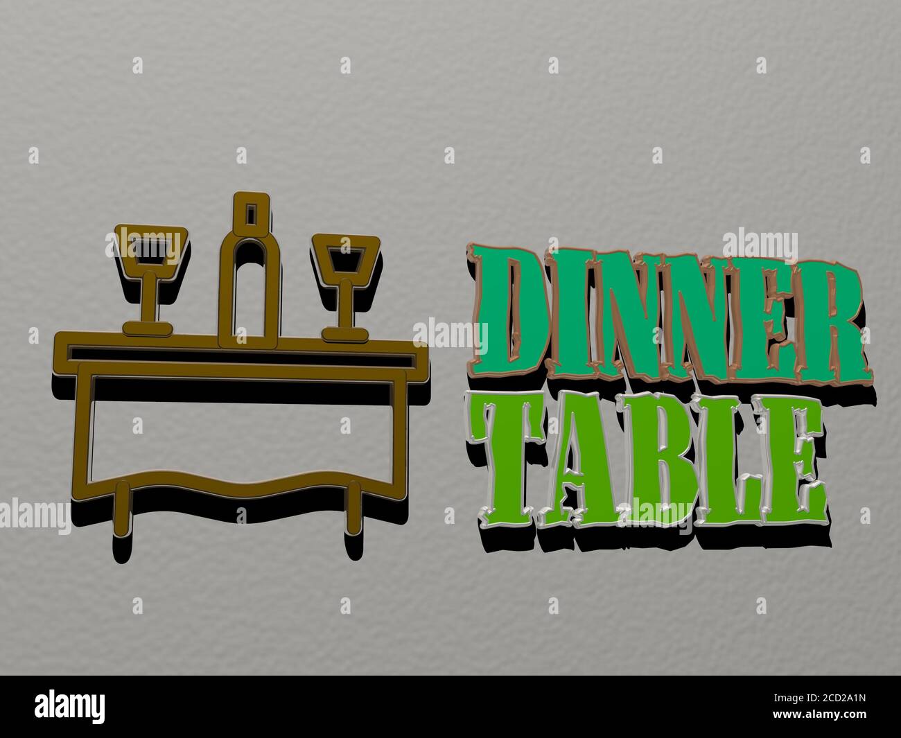 3D illustration of dinner table graphics and text made by metallic dice ...
