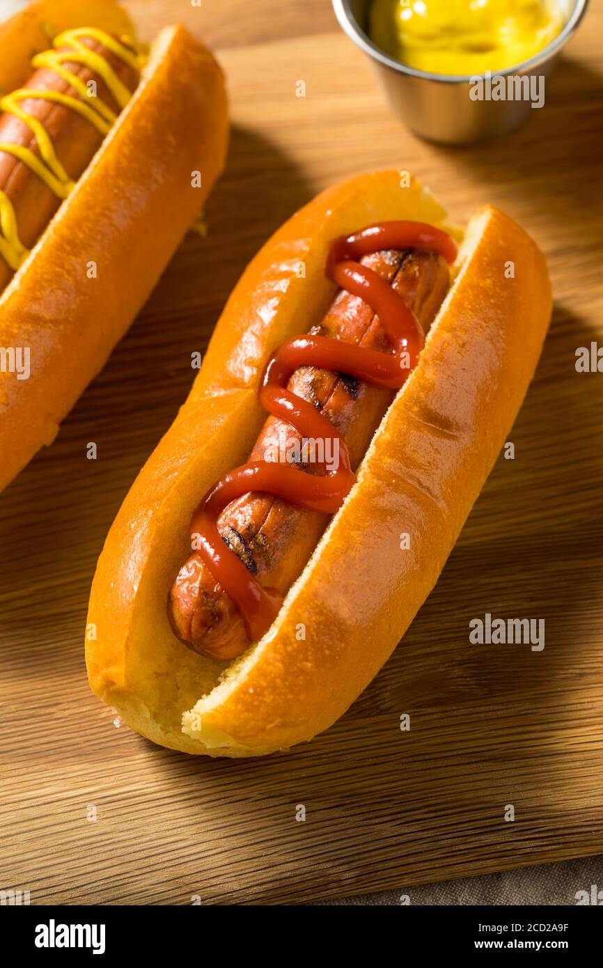 Healthy Homemade Turkey Hot Dogs with Ketchup Mustard and Onion Stock ...