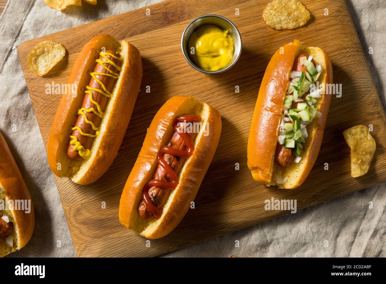 Healthy Homemade Turkey Hot Dogs with Ketchup Mustard and Onion Stock ...
