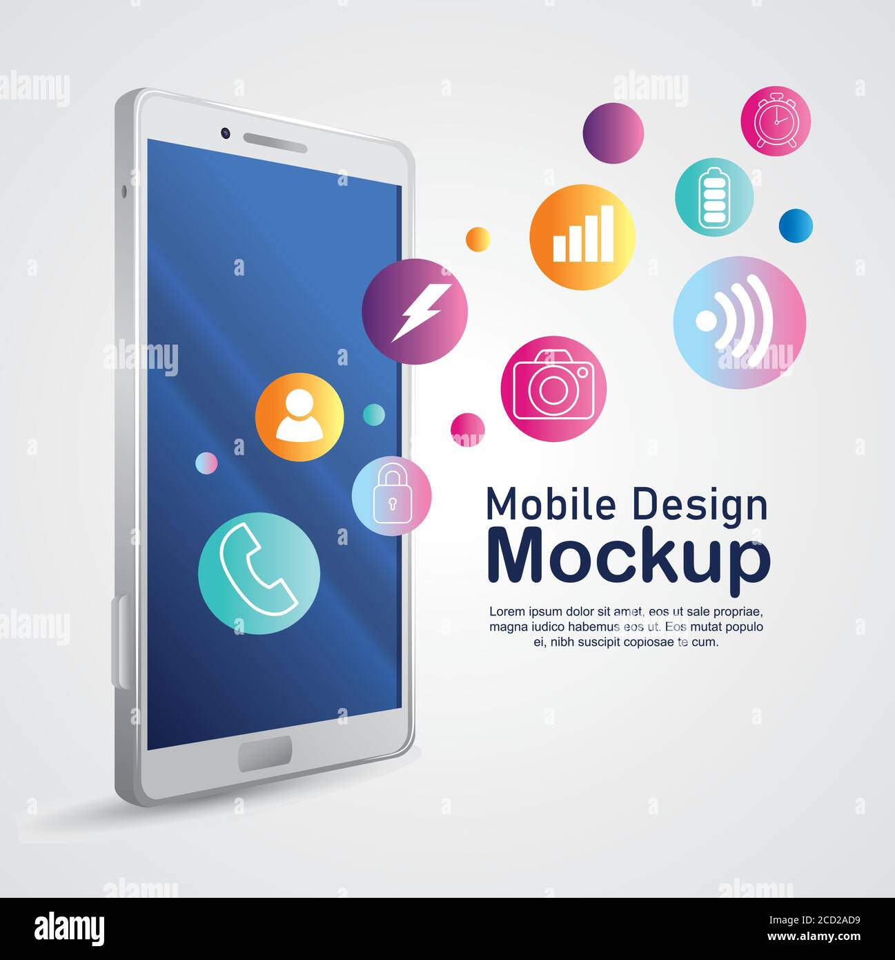 poster mobile design mockup, realistic smartphone mockup with icons ...