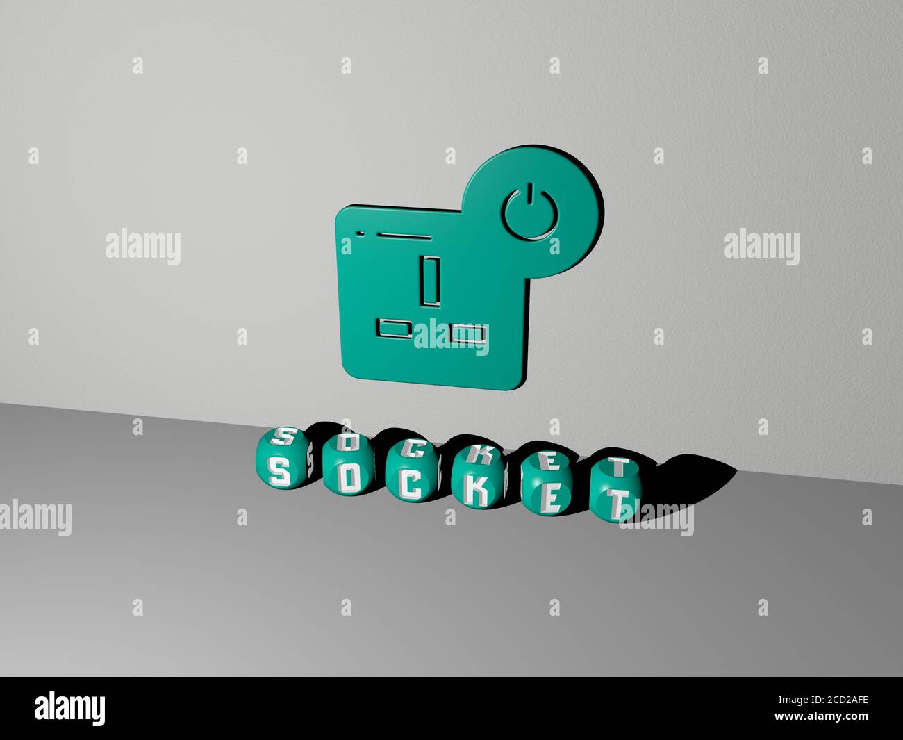 socket 3D icon on the wall and text of cubic alphabets on the floor, 3D ...