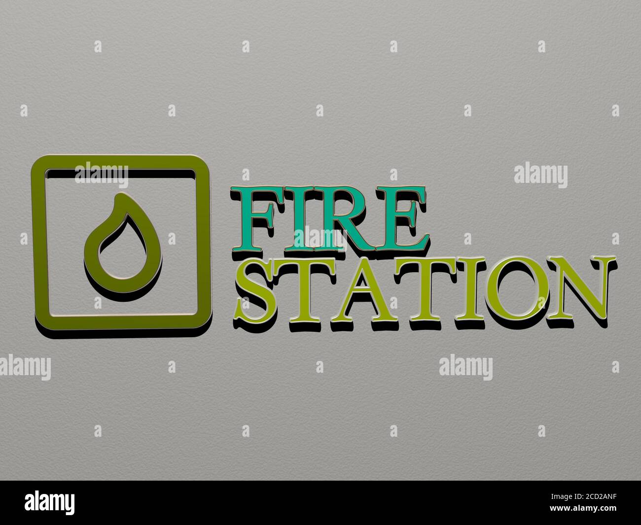 3D representation of FIRE STATION with icon on the wall and text ...
